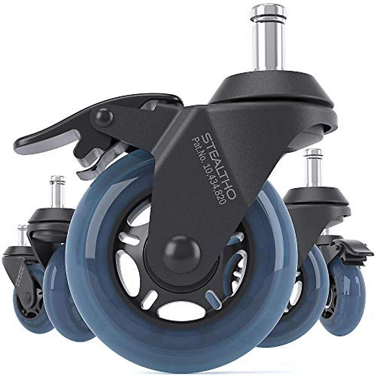 STEALTHO Patented Replacement Office Chair Caster Wheels Set of 5 - with 2 Brakes - Protect Your Floor - No More Chair Mat Needed - Blue Polyurethane - Quiet Rolling Over Cables - Standard Stem 7/16