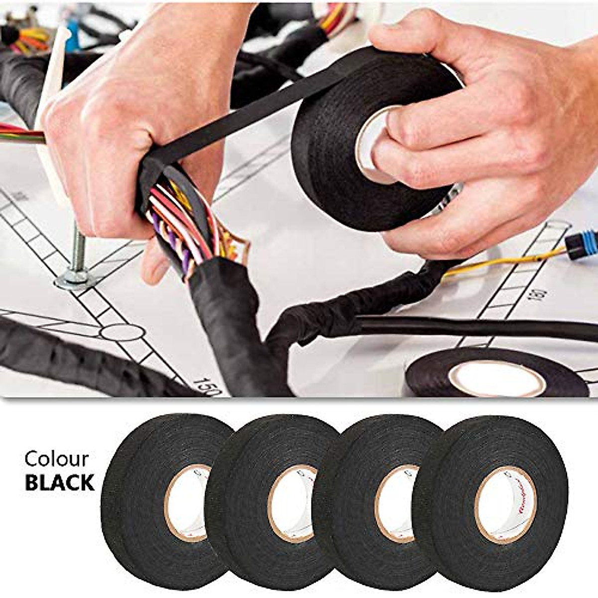 (4PACK) Wire Loom Harness Tape - High Adhesive Force Wiring Harness Cloth Tape,Black Adhesive Fabric Tape,Advanced Heat-Resistant Interior Wiring Harness Tape（19mm X 15m）