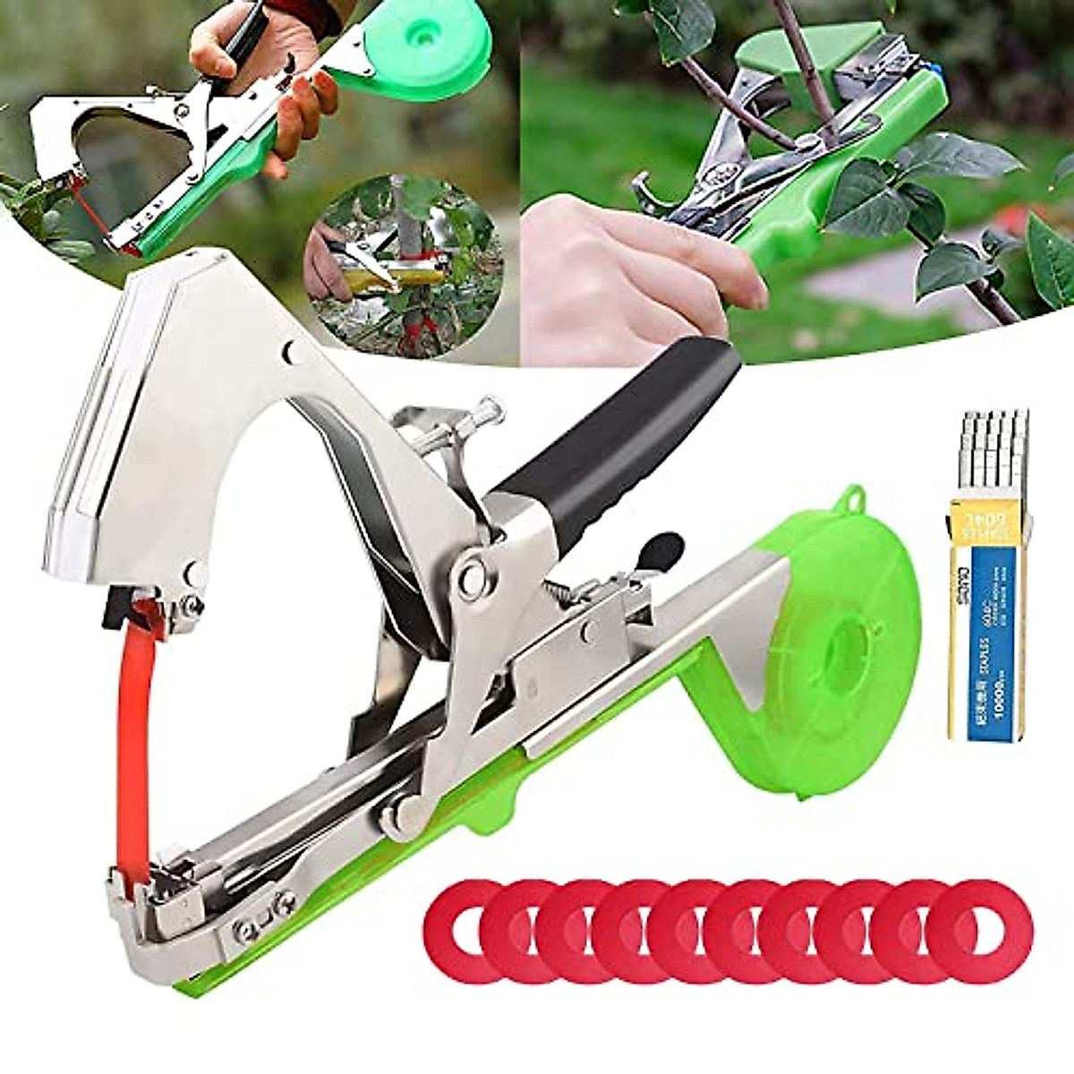 Plant Vine Tying Machine Garden Plant Tape Tool Plant Vine Tying Machine Hand Agriculture Tool with 10 Rolls Tape and 1 Box of Staples Set for Vegetable Grape Tomato Cucumber Pepper and Flower (Green)