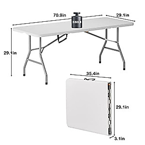 DlandHome Folding Table 6ft, Heavy Duty Plastic Foldable Table with Handle,Plastic Dining Table Indoor Outdoor for Camping, Picnic and Party,Fold-in-Half,White