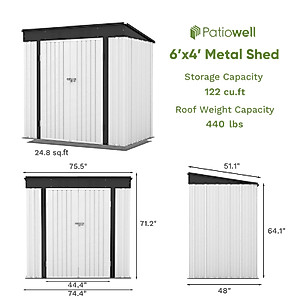 Patiowell 6x4 FT Outdoor Storage Shed, Water-Resistance Metal Outdoor Sheds with Vents & Lock, Garden Shed of Galvanized Steel for Lawn, Patio, Backyard Garden Tools, Bikes, White