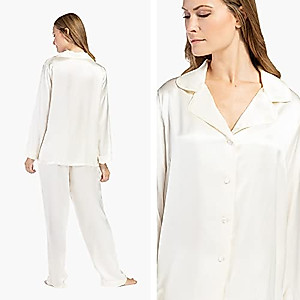 Fishers Finery Women's 100% Pure Mulberry Silk Long Pajama Set with Gift Box - Button Down Pj Top, Cool and Comfortable Loungewear (White, L)