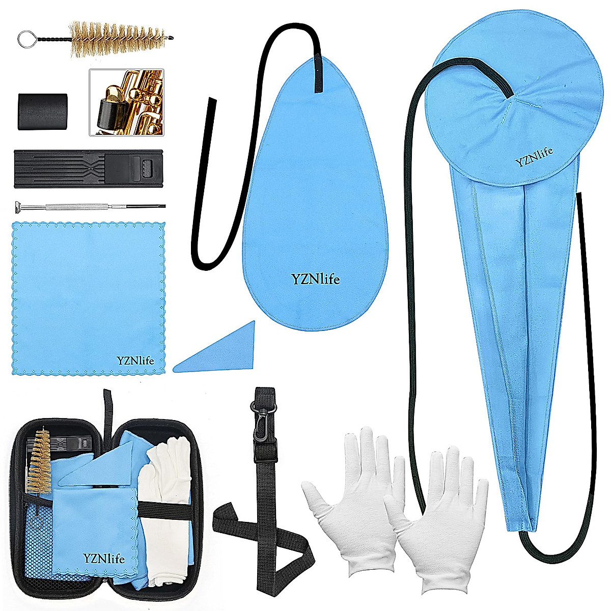 YZNlife Saxophone Cleaning kit with Case for Alto Tenor Clarinet Flute and other Wind & Woodwind Struments Including Sax Cleaning Cloth(4pcs),Mouthpiece Brush Thumb Rest Cushion Reed Case,(Blue)