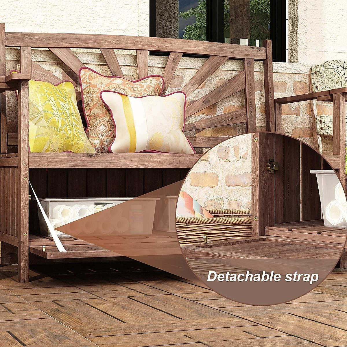 Timechee Outdoor Storage Bench Large Deck Box, 47.2" Patio Wooden Loveseat Benches, Garden Seating Furniture with Cup Holder & Storage Space for Tools for Deck, Porch & Balcony, Brown