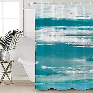 BestLives 4 Pcs Shower Curtain Sets with Rugs Abstract Turquoise Cyan Non-Slip Soft Toilet Lid Cover for Bathroom Ombre Turquoise Art Texture Bathroom Sets with Bath Mat and 12 Hooks