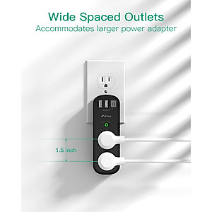 USB Outlet Extender Surge Protector - with Rotating Plug, 1800 Joules, 6 AC Multi Outlet and 3 USB Ports (1 USB C), 3-Sided Swivel Power Strip with Spaced Splitter for Home, Office, Travel