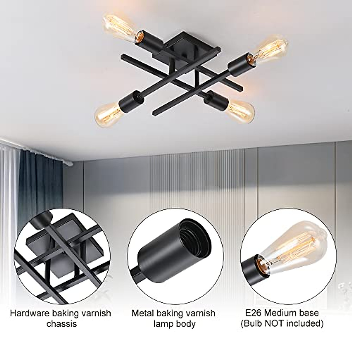 IHENGYANLT2 Pack Industrial 4-Light Semi Flush Mount Ceiling Light Fixture, Modern Sputnik Ceiling Lamp with E26 Base Farmhouse Chandelier Light Matte Black for Kitchen Bedroom Hallway. (2 Pack)