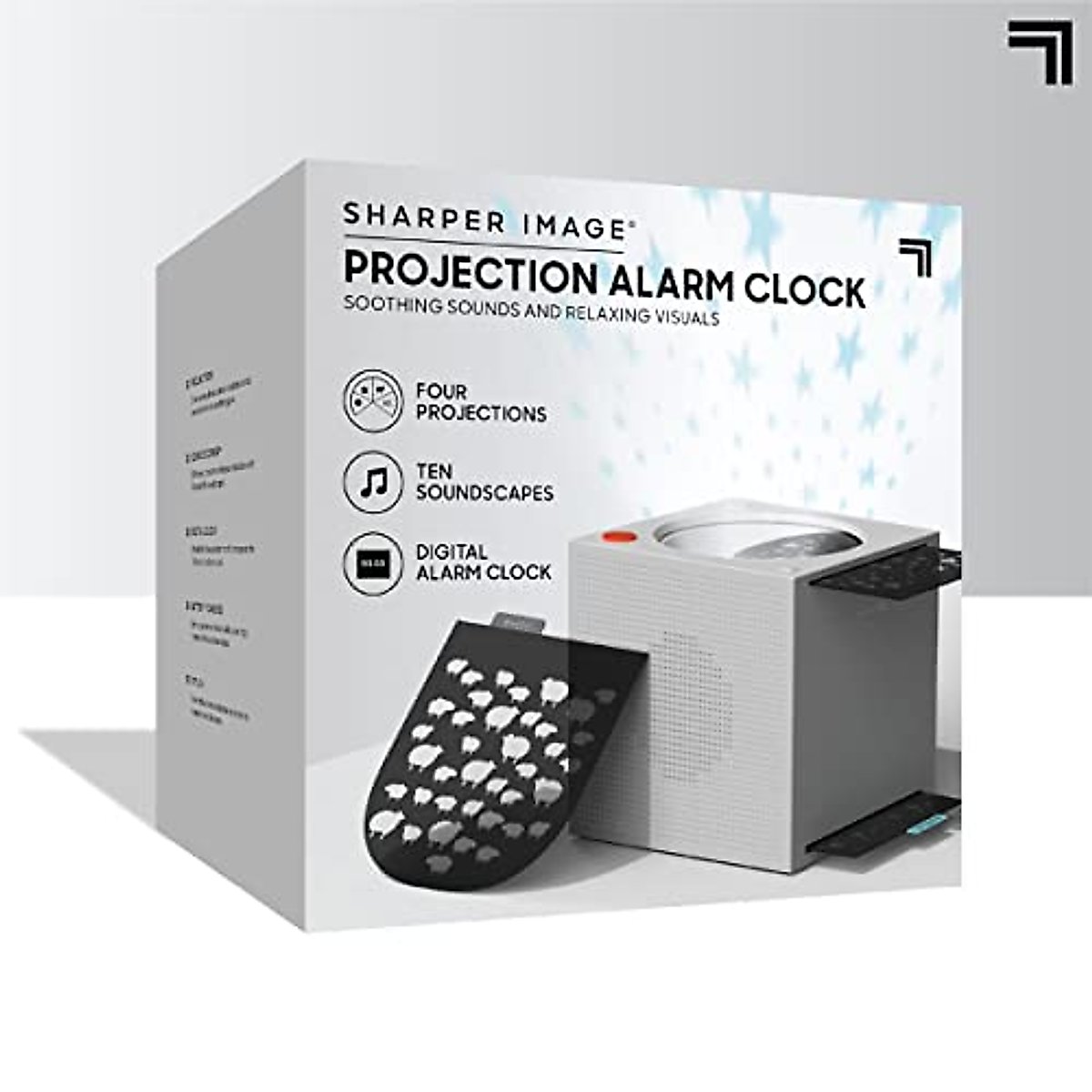 Sharper Image Projection Alarm Clock with Soothing Sounds and Relaxing Visuals, 4 Projections & 10 Soothing Soundscapes, Full-Function Digital Alarm Clock, Project Color-Changing Stars