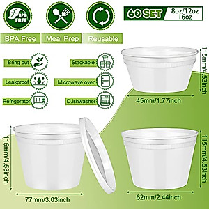 Skylety 60 Pcs Deli Plastic Food Storage Container with Lids, 8oz, 12oz and 16oz Airtight Leakproof Deli Containers Microwavable Clear Food Containers with Lids for Soup Meal Freezer Dishwasher Safe