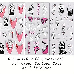5D Halloween Nail Art Stickers Decals Pink Ghost Skull Self-Adhesive Nail Decals Halloween Nail Art Supplies Accessories for Acrylic Nail Design 5D Slider Nail Foils Sticker Nail Charms for Women 3Pcs