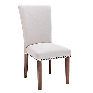 Upholstered Fabric Dining Chairs Set of 4, Parsons Dining Room Kitchen Side Chair with Nailhead Trim and Wood Legs - Light Beige