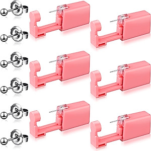 Honoson 6 Pieces Disposable Ear Piercing Gun Kit with Earrings - Self Ear Piercer for Men and Women, Portable Body Piercing Tools, Includes Studs (Pink, Bead Style)