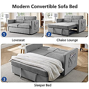Merax 54.5'' Modern Convertible Sleeper Sofa Bed with Two Side Pockets, Grey Fabric Sofa w/Pull-Out Bed Loveseat Sofa Couch and Adjsutable Back for Living Room