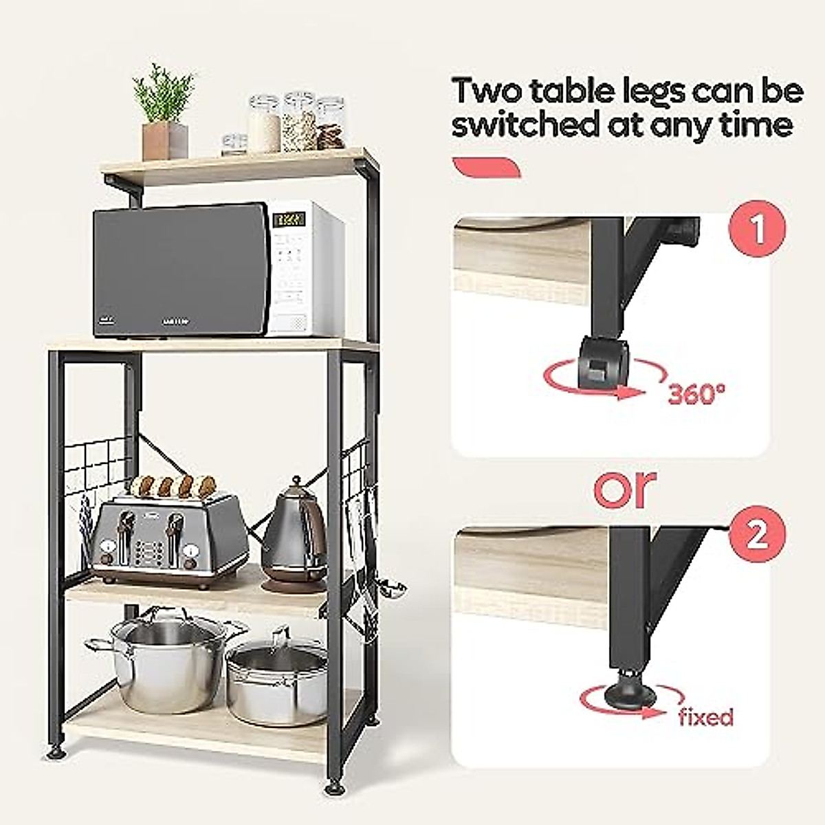 Bestier Bakers Rack, 4-Tier Microwave Stand Coffee Bar Table on Wheels, Utility Storage Rack with Sliding Shelf & 10 Side Hooks for Kitchen, Living Room, Dining Room, Oak
