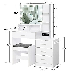 usikey Large Vanity Table Set with Lighted Mirror & Charging Station, Makeup Vanity Dressing Table with 4 Storage Shelves and 4 Drawers, Vanity Desk with 3-Drawer Chest and Cushioned Stool, White