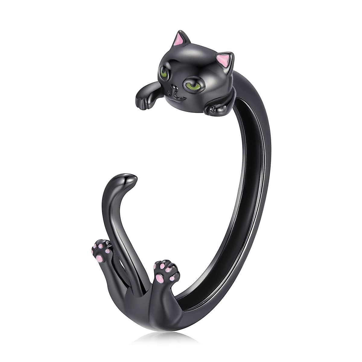 RUKYF 925 Sterling Silver Black Cat Rings with Black Gold Plating Dainty Stackable Adjustable Rings for Women Men Cute Cat Gifts for Cat Lovers
