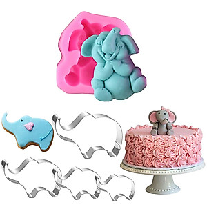 6Pcs/Set Elephant Silicone Molds & Stainless Steel Cookie Cutters for Baby Shower, Elephant Fondant Gum Paste Cake Topper Decoration Tools Boy Girl Baby Shower Birthday Party Favors Supplies