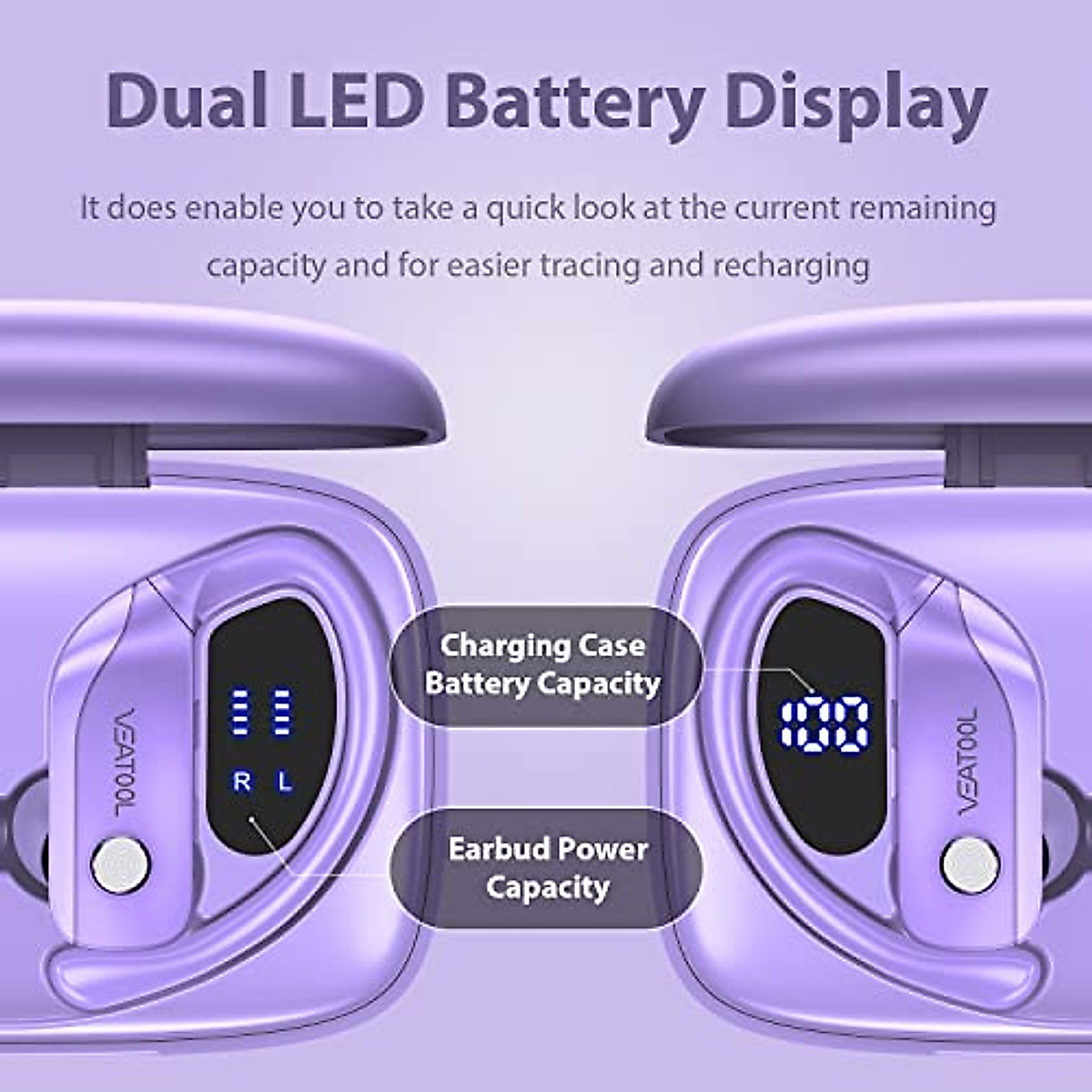 bmanl Wireless Earbuds Bluetooth Headphones 48hrs Play Back Sport Earphones with LED Display Over-Ear Buds with Earhooks Built-in Mic Headset for Workout Purple BMANI-VEAT00L