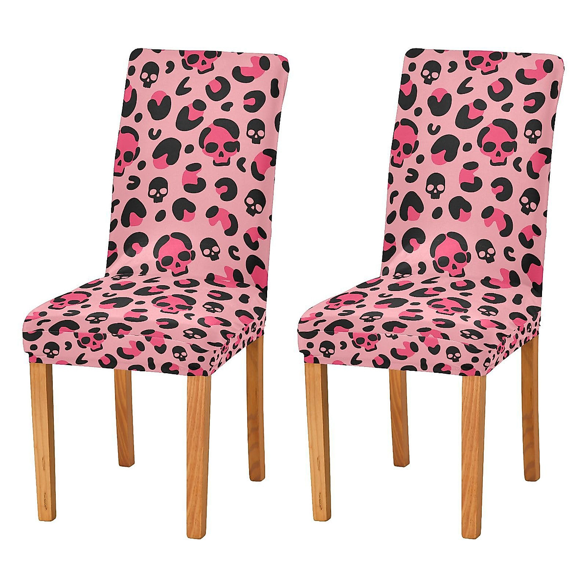 JUNZAN Halloween Skull Leopard Camouflage Pink Chairs Covers Set of 4 Slipcovers Spandex Dining Chair Covers for Outdoor Chair Ceremony