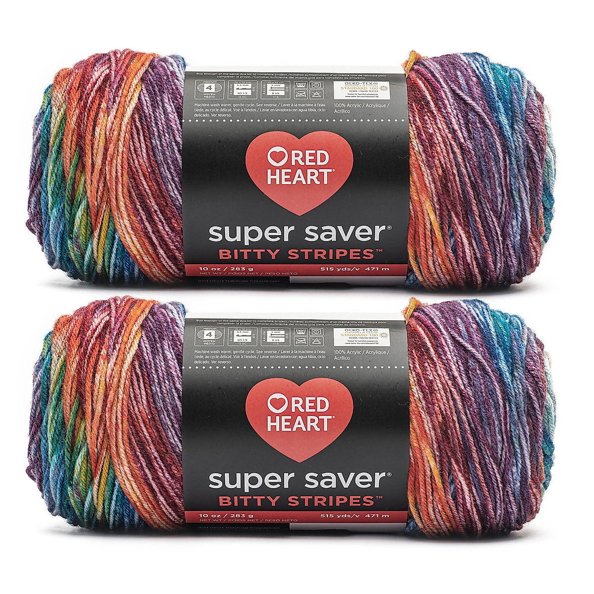 Red Heart Super Saver Bitty Stripe Crayon Box Yarn - 2 Pack of 10oz/283g - 100% Acrylic - #4 Worsted (Medium) - 515 Yards - Knitting/Crochet