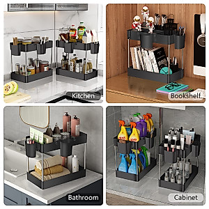 [ 2 Pack ] Under Sink Organizers and Storage, 2 Tier Bathroom Organizer Under Sink Shelf with 4 Removable Dividers , Kitchen Cabinet Storage Caddy Bath Counter Basket with Hooks Dividers Hanging Cups