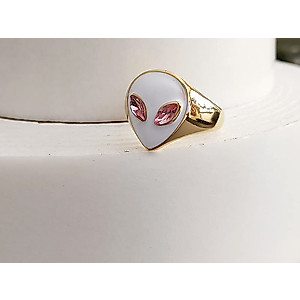 CZ Alien Head Statement Ring for Women 18K Gold Plated White Enameled Pink Crystal Eye Chunky Wide Band Finger Rings Comfort Fit Fashion Unique Cute Jewelry Gifts for Friend Size 8