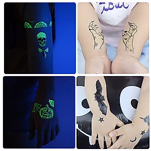 Ooopsiun Luminous Halloween Temporary Tattoos for Kids - 80 Black Styles Glow in The Dark Halloween Tattoos Party Favors Decorations for Boys Gilrs