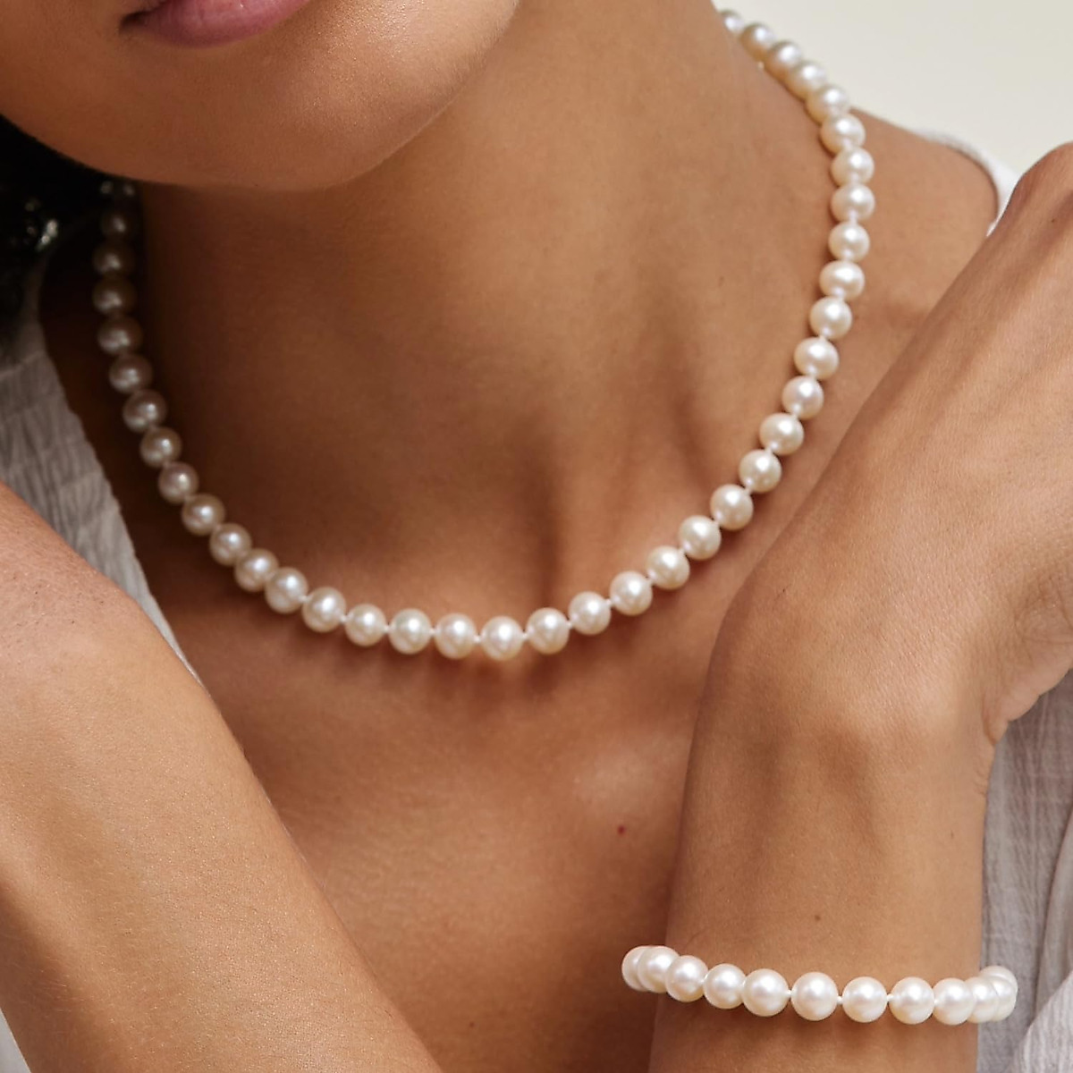 The Pearl Source Real Pearl Necklace for Women with AAA+ Quality Round White Freshwater Genuine Cultured Pearls | 14K Gold Clasp White Gold