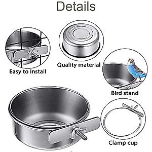 Bird Feeding Dish Cups, Parrot Food Bowl Clamp Holder Stainless Steel Coop Cup Bird Cage Water Bowl 2 Pack Bird Perch Platform Stand
