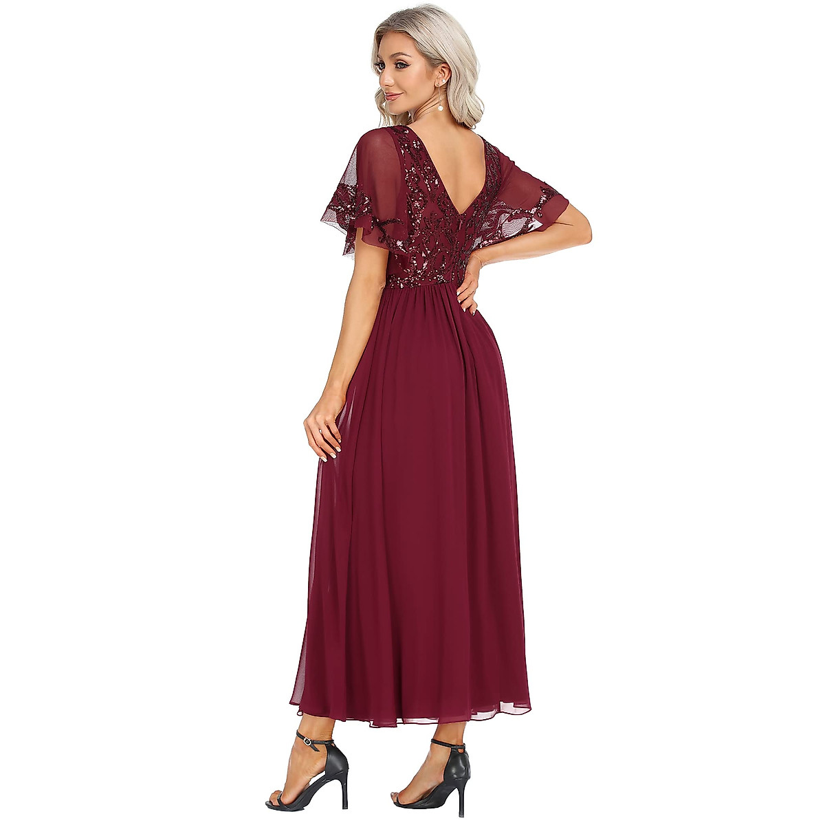 Ever-Pretty Women's Sequin Ruffle Sleeve V Neck A-Line Pleated Open Back Long Chiffon Formal Dresses Burgundy US26
