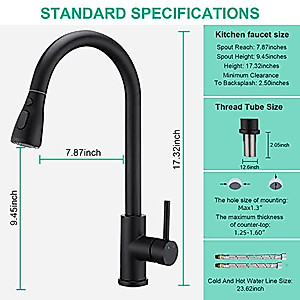 Besworta 3-Way Pull Down Matte Black Kitchen Faucet with 23-Inch Pull Out Hose, Stainless Steel, 3-Water Outlet Modes, PVD Finish, Ceramic Cartridge, 304 SUS