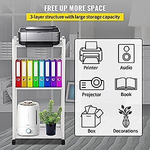 VEVOR Printer Stand, 3-Tier Rolling Printer Cart, Adjustable Storage Shelf Rack on Lockable Wheels, 19.69x 13.78x 42 inch Printer Table for Home Office Small Spaces Organization, White