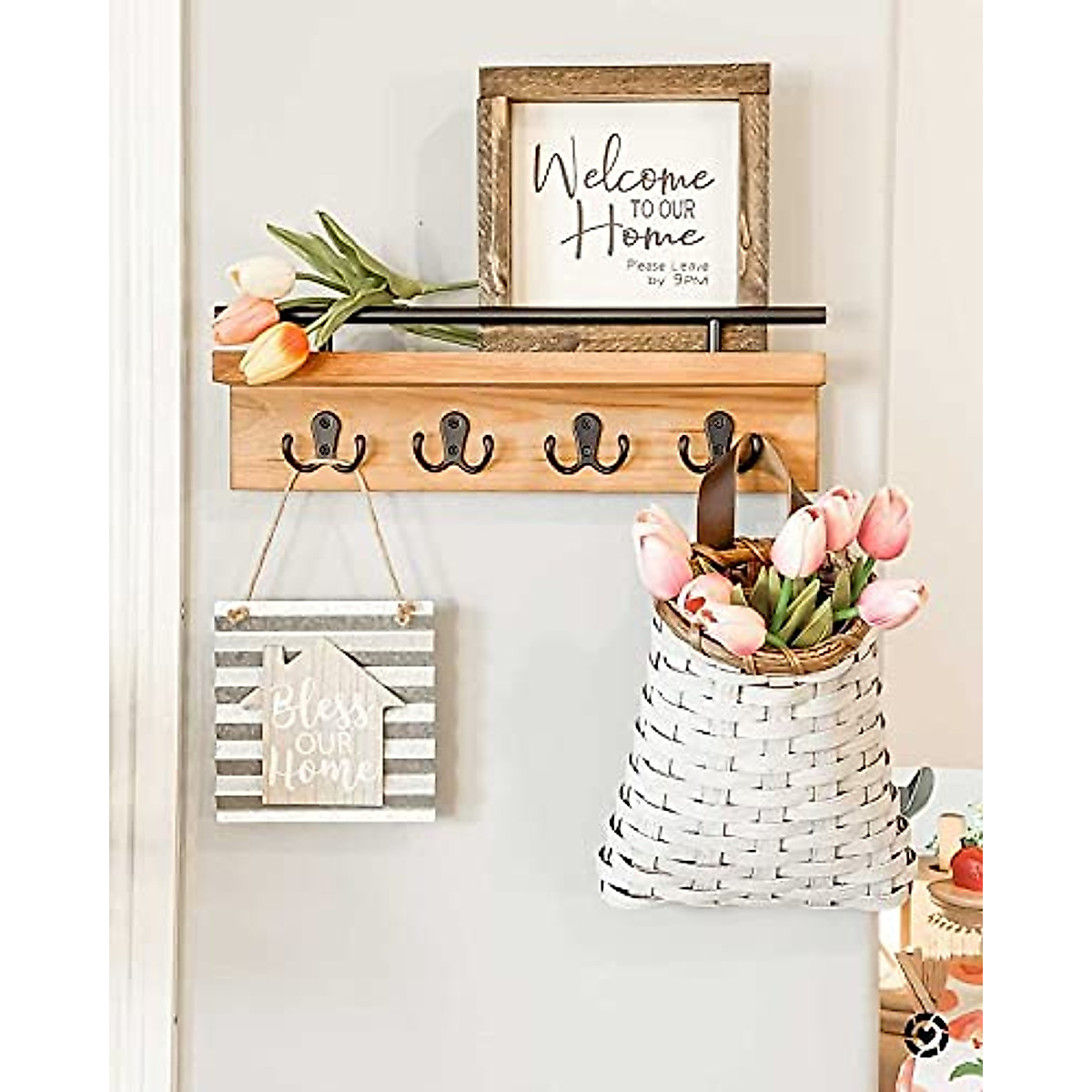 Ripple Creek Key Holder for Wall and Mail Shelf, Decorative Wooden Wall Rack for Keys, Letters, Bills - Pine Wood Unique and Industrial Decor, Perfect for Entryway, Kitchen (Light Brown, Double Hook)