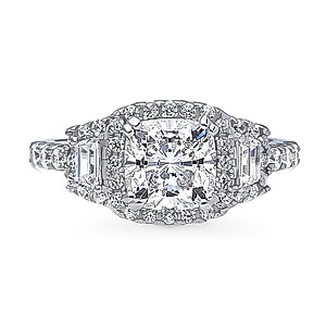 BERRICLE Sterling Silver 3-Stone Wedding Engagement Rings Cushion Cut Cubic Zirconia CZ Halo Ring for Women, Rhodium Plated Size 8