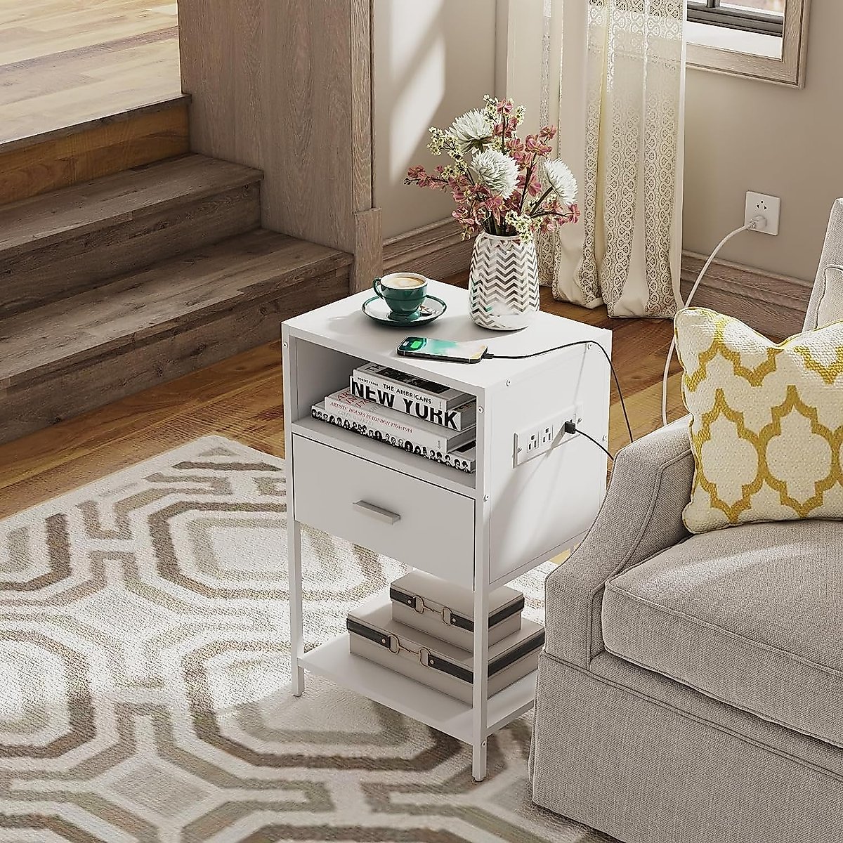 LDTTCUK Nightstand with Charging Station, Modern End Table with Drawer, White Bedside Table with Open Storage for Bedroom