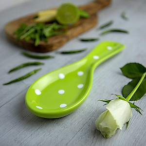 Handmade Lime Green and White Polka Dot Ceramic Kitchen Cooking Spoon Rest | Pottery Utensil Holder | Housewarming Gift by City to Cottage®
