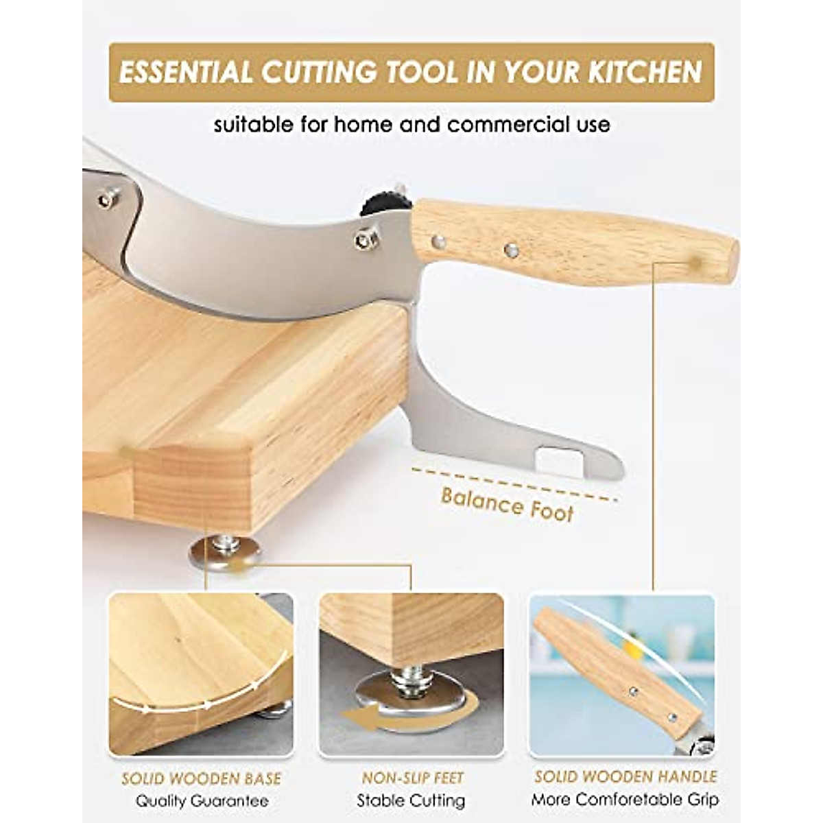 Moongiantgo Biltong Slicer Chinese Medicine Radiused Beef Jerky Cutter, 0-0.5” Adjustable Thickness, Wooden Base Herb Root Cutting Machine for Ginseng Antler Gastrodiae Maca Ganoderma