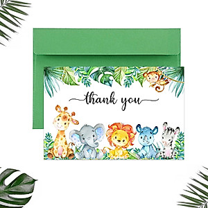 Buerhanerry 50 Safari Animals Thank you Cards, Jungle Animals Thank You Notes, 4x6 Safari Thank you Cards for Baby Shower, Wild One, Birhtday Party