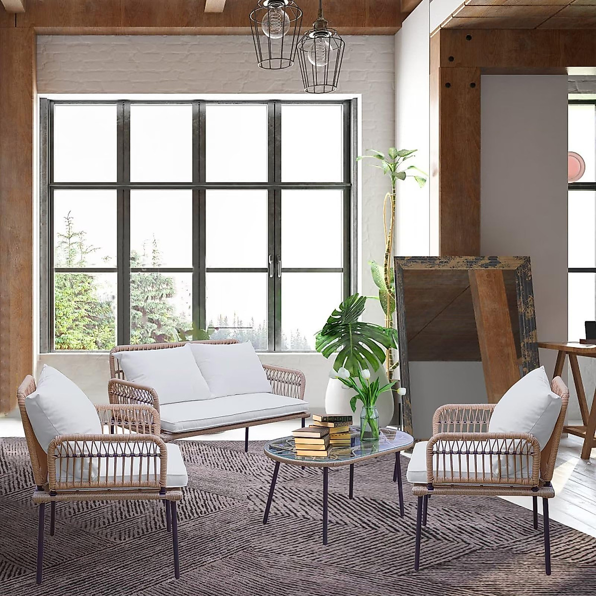 Homsido 4 Pieces Patio Furniture Set, Loveseat Beige Rope Woven Boho Porch Backyard Garden Balcony Outdoor Furniture Rattan Indoor Chairs and Table Wicker Conversation Set with White Cushions
