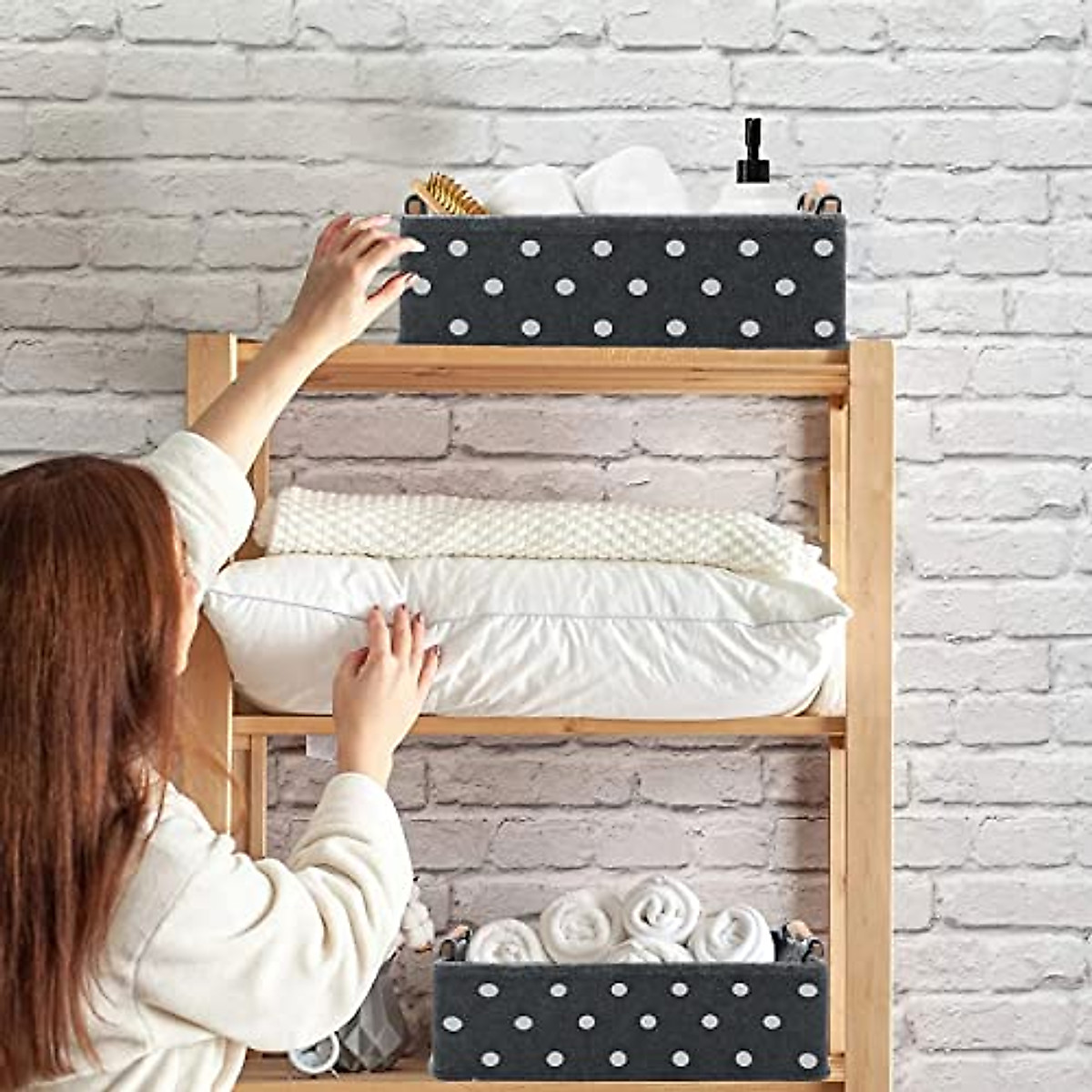 KWLET Small Storage Baskets Felt Fabric Decorative Storage Bins Long Narrow Basket for Shelves Office Bedroom Living Room Kitchen Home Light Grey, 3 Pack