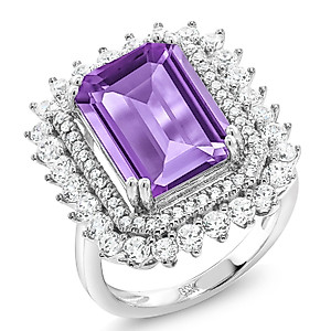 Gem Stone King 925 Sterling Silver Purple Amethyst Women Ring (7.60 Ct Emerald Cut 14X10MM) (Size 9)