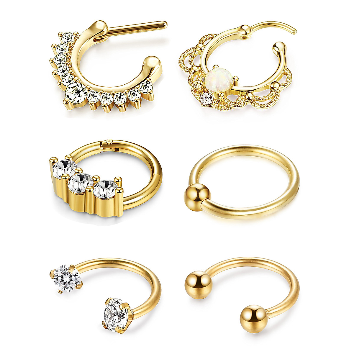 ORAZIO 6PCS 16G 316L Stainless Steel Septum Hoop Nose Ring Horseshoe Rings Cartilage Clicker Piercing Jewelry Gold-Tone