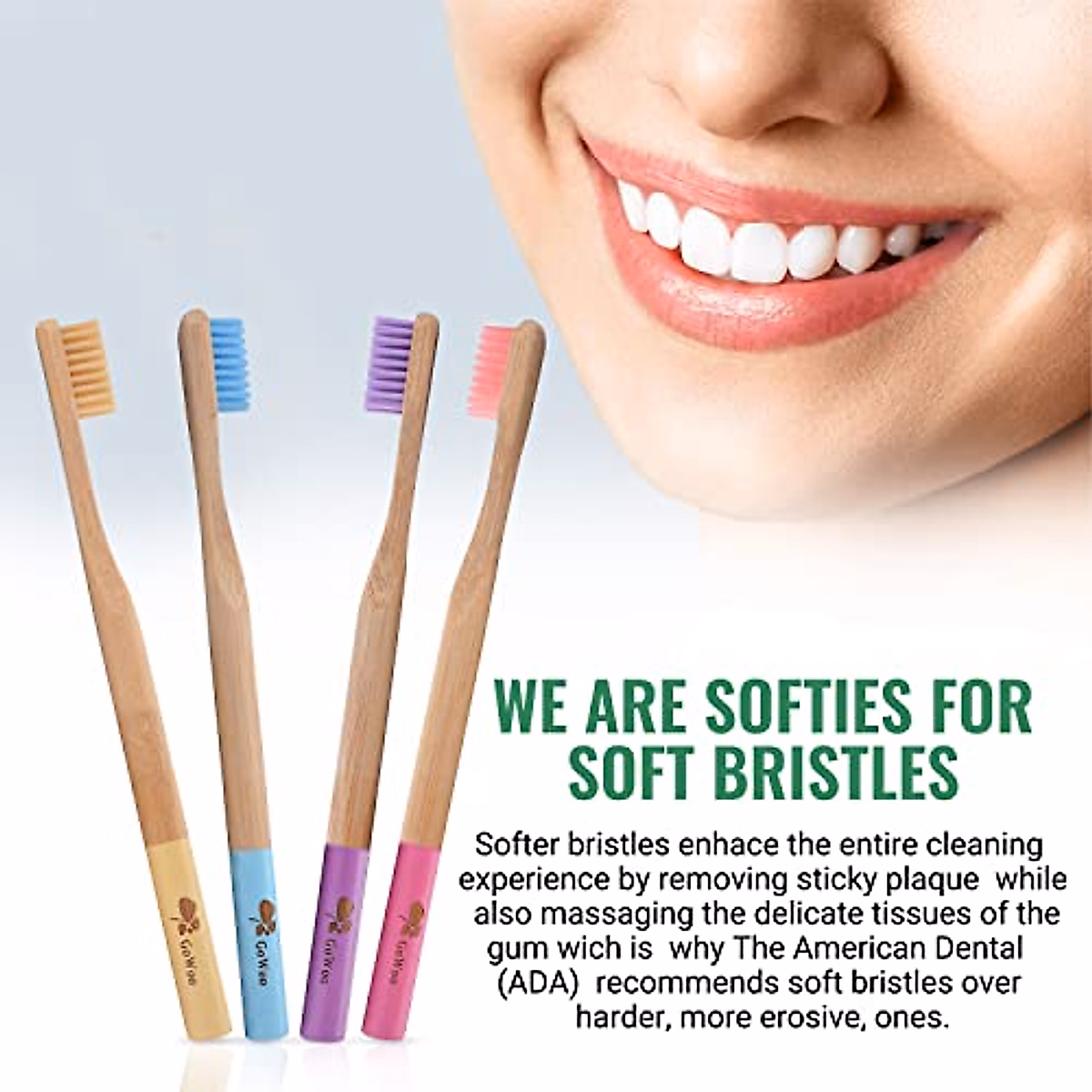 GoWoo 100% Natural Bamboo Toothbrush Soft - Organic Eco Friendly Toothbrushes with Soft Nylon Bristles, BPA-Free, Biodegradable, Dental Care Set (Pack of 4, Adult, Rainbow)