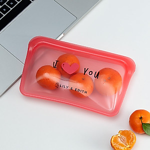 LILY & EDITH Dinosaur Silicone Reusable Snack Bags Dishwasher Microwave Freezer Safe, BPA Free, Leakproof Reusable Food Storage Bags, Plastic Free Snack Pouch, Accessory bag, Portable 400ml (Pink)