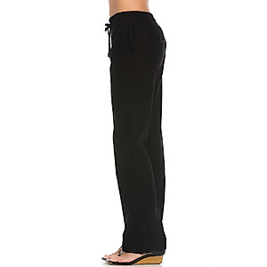 Poplooks Women's Comfy Elastic Waistband Drawstring Linen Pants (XX-Large, Black)
