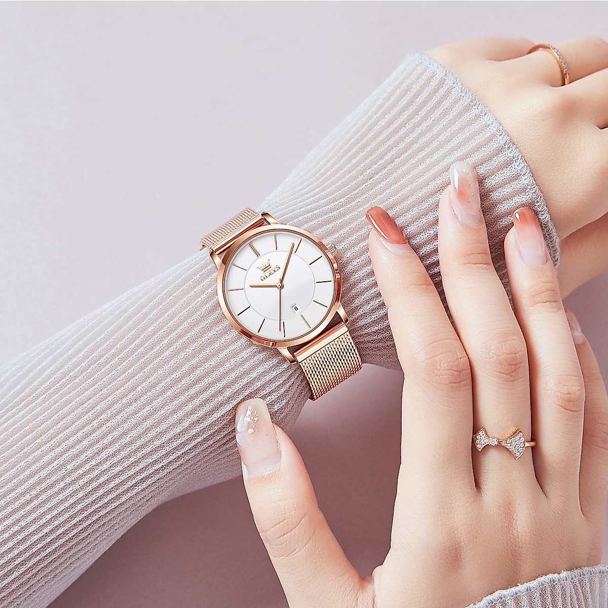 OLEVS Watches for Women Large Face Rose Gold Dress Ladies Watch with Date Slim Simple Easy to Read Womens Watches for Small Wrists Waterproof Business Casual Women's Watches White Reloj para Mujer