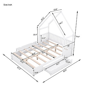 SOFTSEA Queen Size House Bed for Kids, Floor Bed Frame with 2 Storage Drawers, Low Wood Bed Frame with Guardrails and Roof, House Shaped Bed for Kids, White