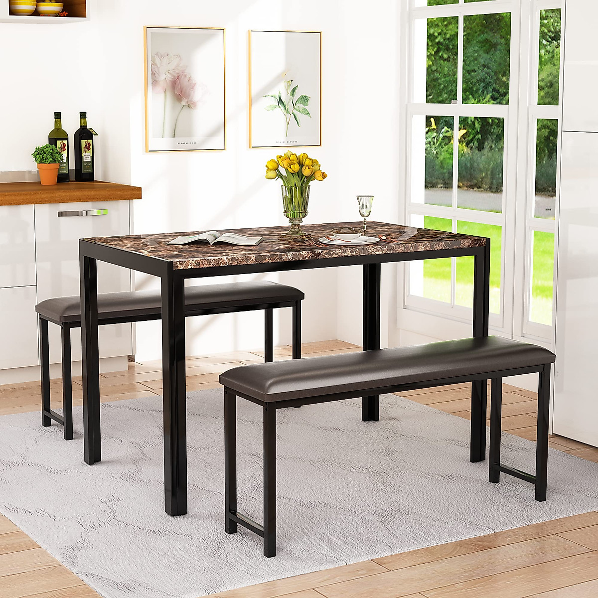 Lamerge Kitchen Tables Set for 4, Dining Faux Marble Table and 2 PU Leather Upholstered Bench, 3 Piece Dining Room Table Set for Small Space, Breakfast Nook and Apartment, Brown (Dining Table016)