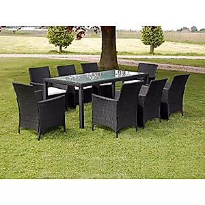 Festnight 9 Piece Outdoor Patio Dining Set Black Poly Rattan Glass Top Dining Table and 8 Chairs with Cushions Sectional Conversation Set Backyard Garden Furniture Space Saving