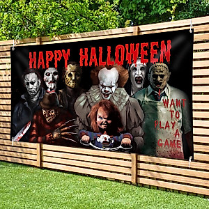 Horror Classic Movie Character Backdrop Banner, 78 × 43inch Halloween Party Background Large Backdrops Chainsaw Clown Supplies for Indoor Outdoor Photo Booth Props